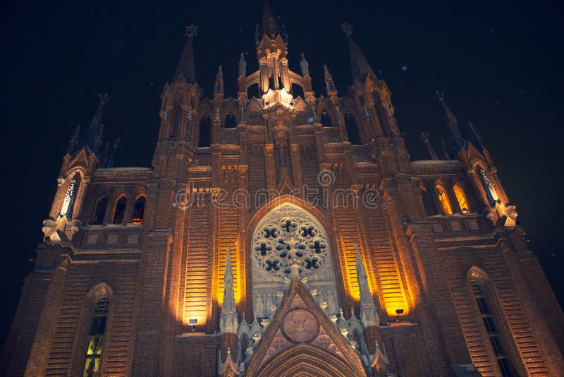 A Beautiful Antique Catholic Church with Illuminated Lanterns Stock ...