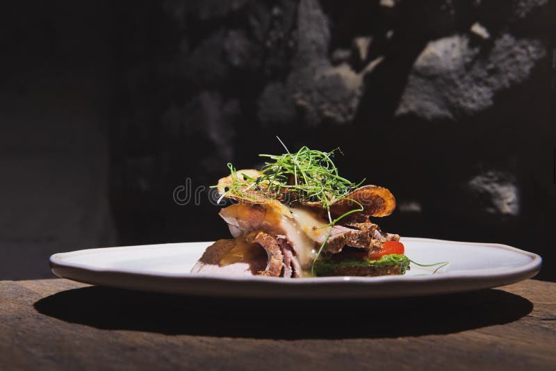 Beautiful Appetizing Dish with Roast Beef and Chips. Stock Image ...