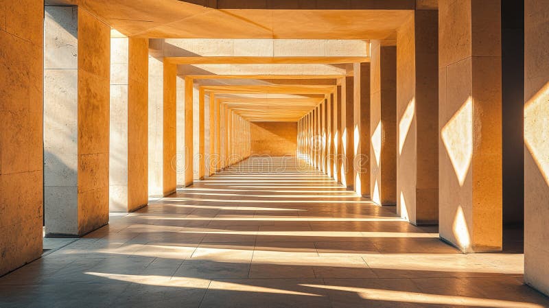Beautiful Architectural Corridor with Golden Light and Long Shadows in ...