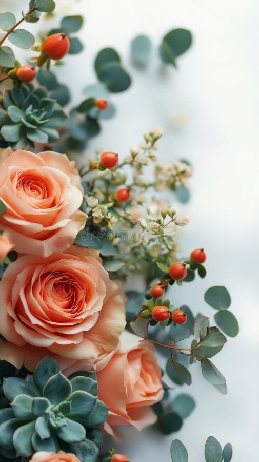 Beautiful Arrangement of Peach Roses with Greenery and Berries in a ...