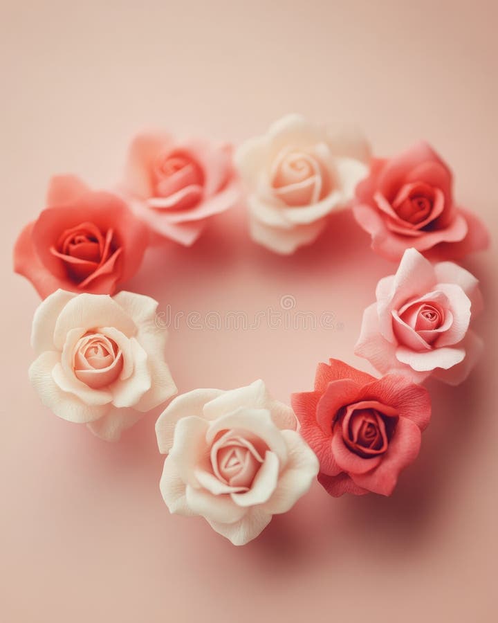 A Beautiful Arrangement of Red Roses Forms a Circle on a Soft Pink ...