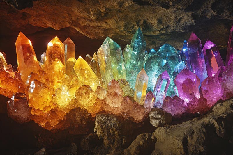 Beautiful Array of Colorful Crystals Illuminated in a Vibrant Cave ...