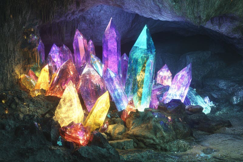 Beautiful Array of Colorful Crystals Illuminated in a Vibrant Cave ...