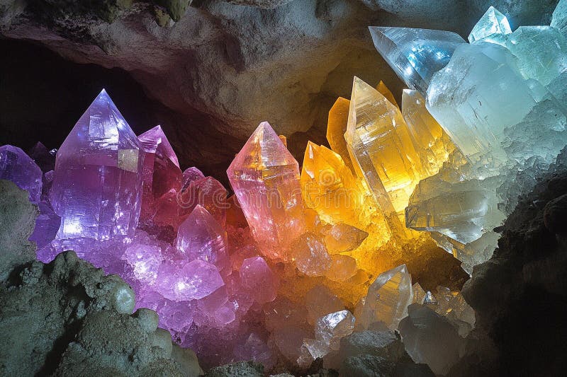 Beautiful Array of Colorful Crystals Illuminated in a Vibrant Cave ...