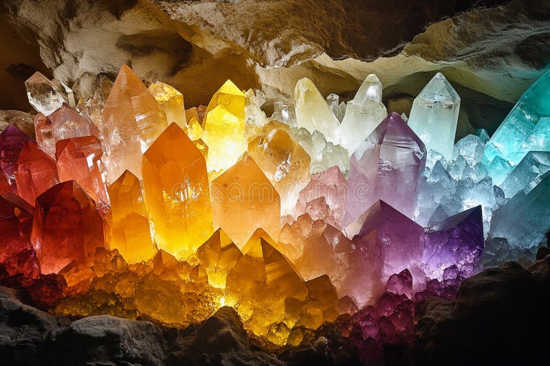 Beautiful Array of Colorful Crystals Illuminated in a Vibrant Cave ...