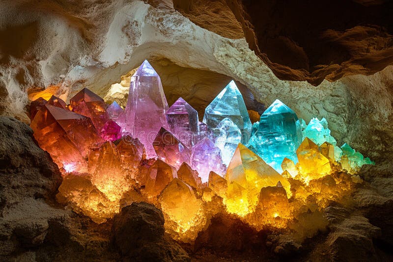 Beautiful Array of Colorful Crystals Illuminated in a Vibrant Cave ...