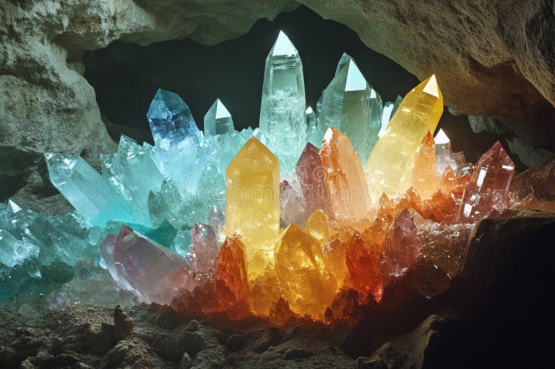 Beautiful Array of Colorful Crystals Illuminated in a Vibrant Cave ...