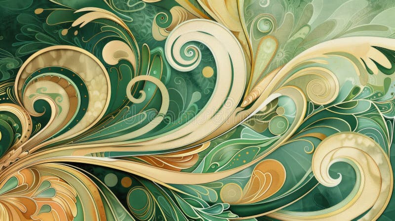 Beautiful Art Design with Swirling Green and Gold Elements, Dynamic and ...