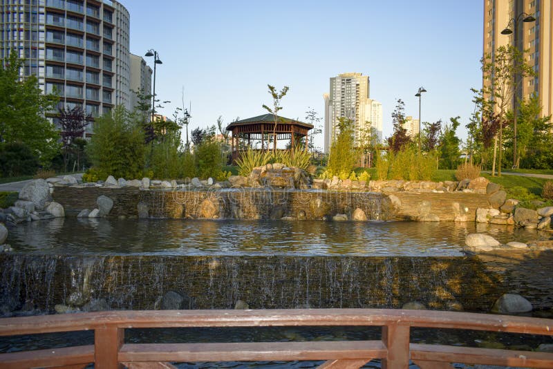A Beautiful Artificial Pool between the Buildings Stock Photo - Image ...