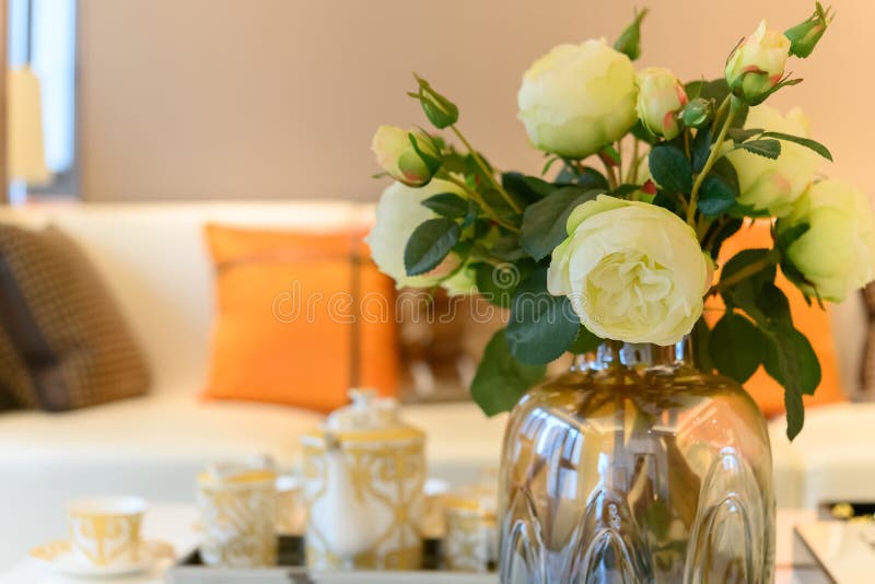 Artificial Roses in Front of Sofa Inside a Living Room Stock Image ...