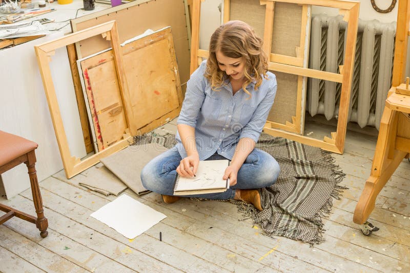 Beautiful Artist Paints the Portrait in the Art Studio Stock Photo ...