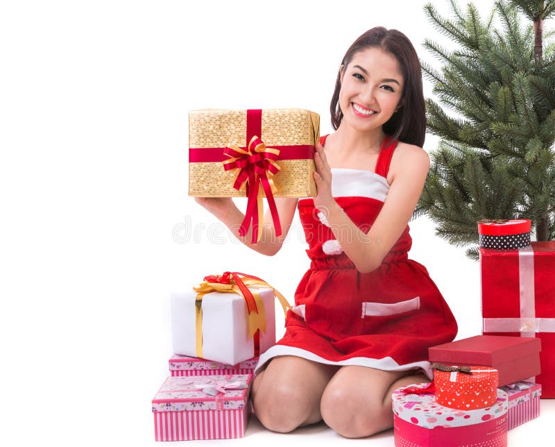 Beautiful Asia Woman Wear Santa Clause Costume Christmas Girl H Stock