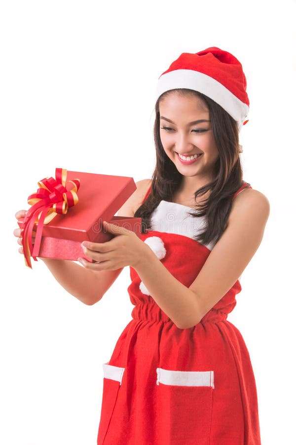 Beautiful Asia Woman Wear Santa Clause Costume Christmas Girl H Stock