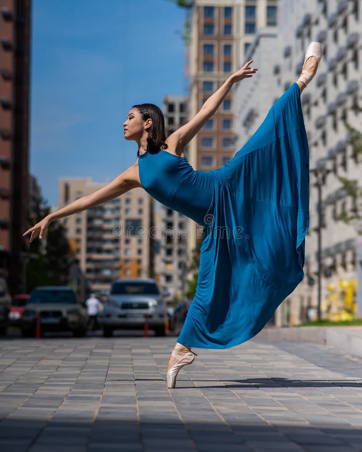 Beautiful Asian Ballerina Dancing Outdoors. Urban Landscape. Stock ...