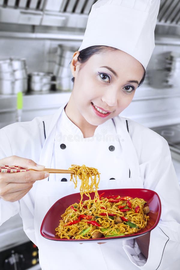 Asian Chef and Fried Noodle in Kitchen Stock Photo - Image of happiness ...