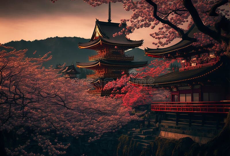 Beautiful Asian Cherry Blossom Scene. Generative Ai Stock Illustration ...