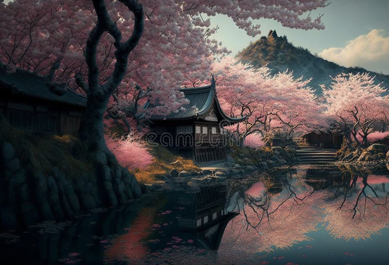 Beautiful Asian Cherry Blossom Scene. Generative Ai Stock Illustration ...