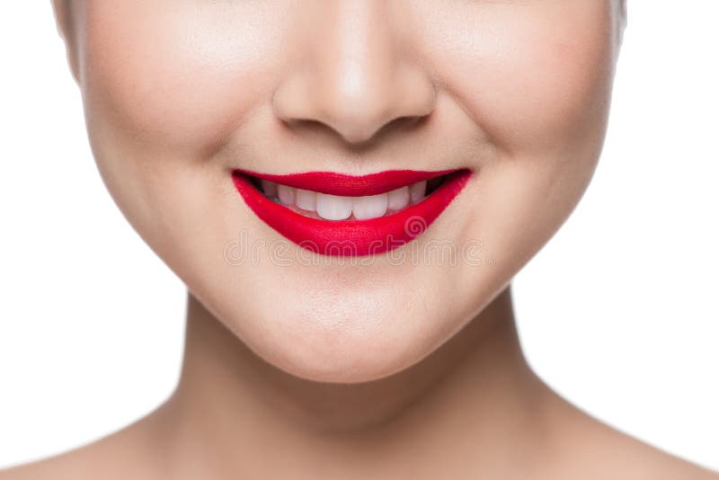 Beautiful Asian Face with Red Lips Over White. Stock Image - Image of ...