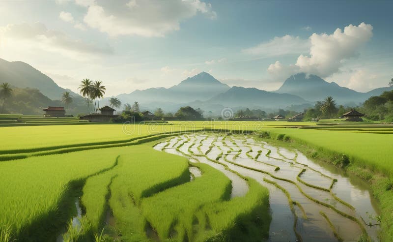 A Beautiful Asian Rice Field with Mountain Background Stock ...