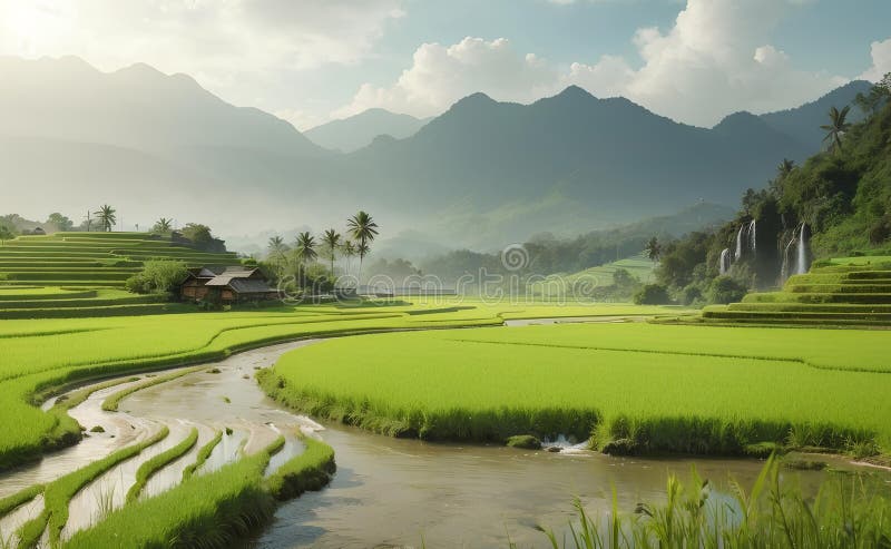 A Beautiful Asian Rice Field with Mountain Background Stock ...