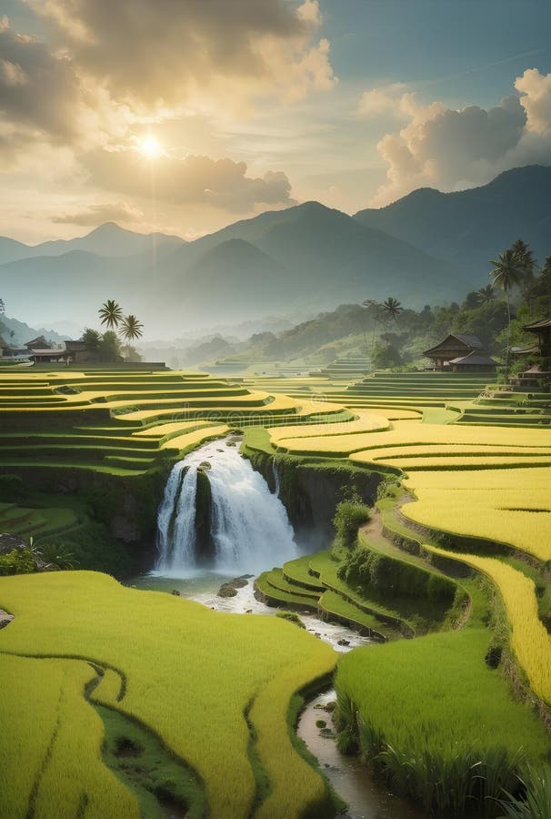 A Beautiful Asian Rice Field with Mountain Background Stock ...