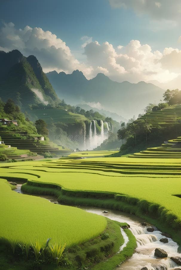 A Beautiful Asian Rice Field with Mountain Background Stock ...