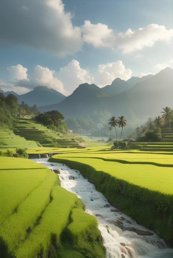 A Beautiful Asian Rice Field with Mountain Background Stock ...