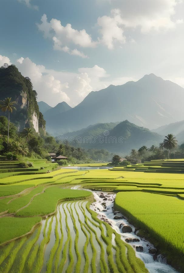 A Beautiful Asian Rice Field with Mountain Background Stock ...