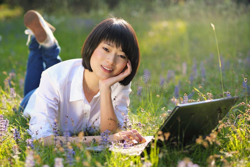 Beautiful Asian Student Using Laptop Outdoor Stock Image - Image of ...