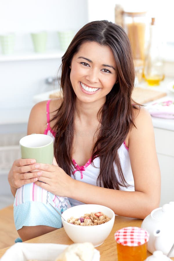 Beautiful Asian Woman Having Breakfast and Smiling Stock Image - Image ...