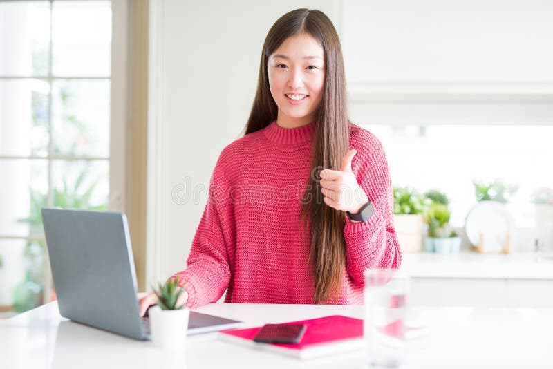 Beautiful Asian Woman Working Using Computer Laptop Happy With Big