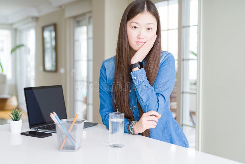 Beautiful Asian Woman Working Using Computer Laptop Thinking Looking ...