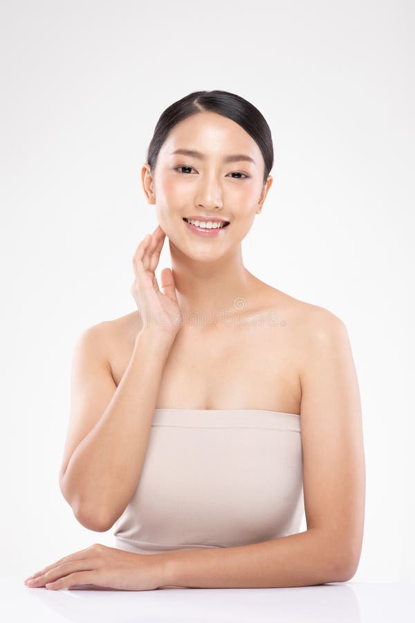 Beautiful Asian Young Woman Touching Neck Smile With Clean And Fresh