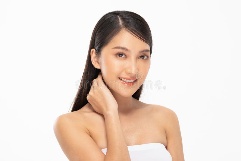 Beautiful Asian Young Woman Touching Neck Smile With Clean And Fresh