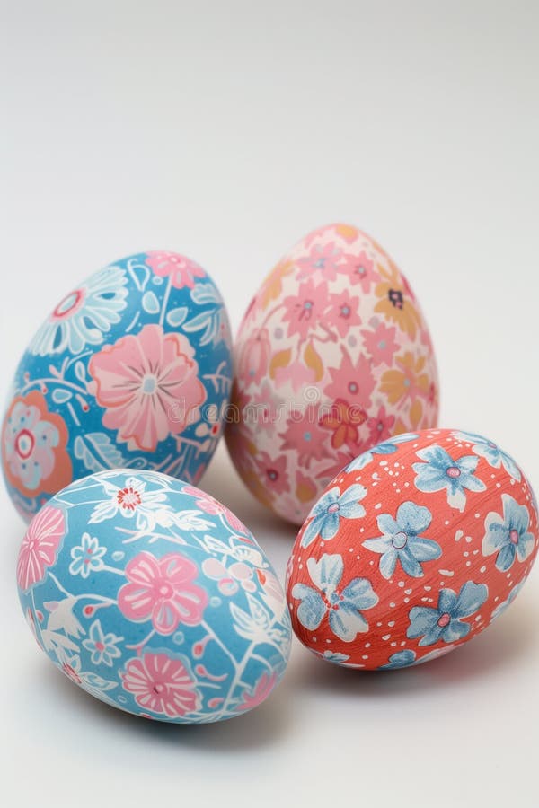 Assortment of Pastel Blue and Pink Easter Eggs with Floral Patterns ...