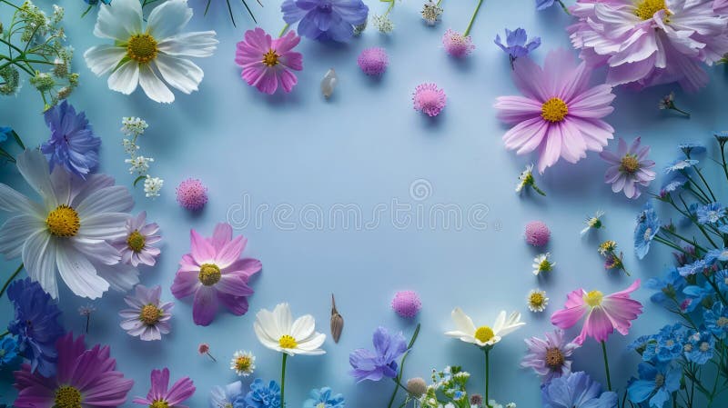Beautiful Assortment of Spring Flowers Scattered on a Pastel Blue ...