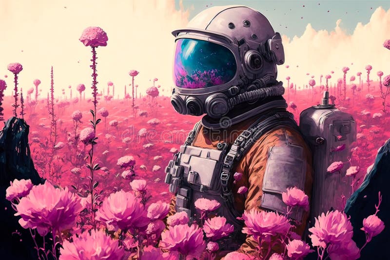 Beautiful Astronaut Sitting in in a Field of Flowers on a Different ...