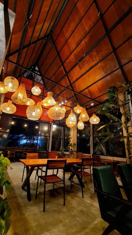 The Beautiful Atmosphere of the Cafe at Night with the Aesthetic Lights ...