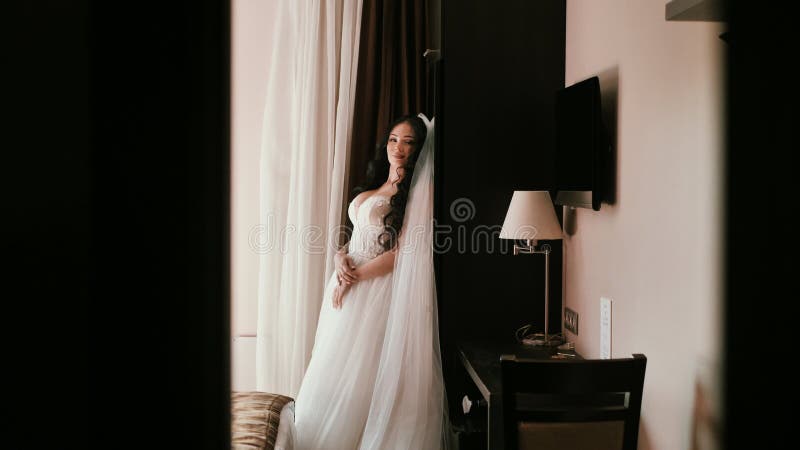 Beautiful and Attractive Bride with Big Bust Smiling Looking at the ...