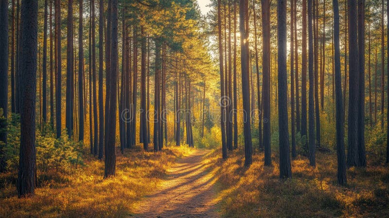 Beautiful Autumn Forest Path with Sunlight Filtering through Tall Pine ...