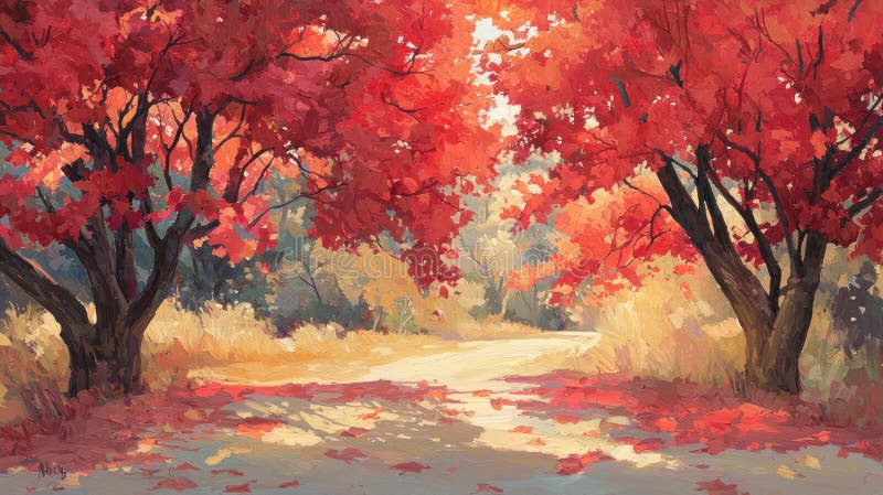 Beautiful Autumn Landscape with Red Trees and a Path in the Middle ...
