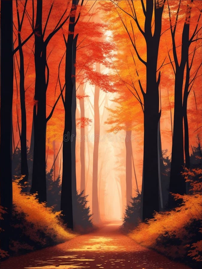 Beautiful Autumn Landscape with a Road among Trees with Red Leaves ...