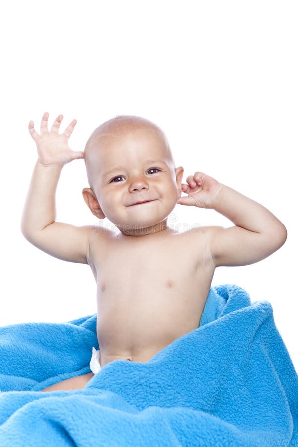 A Beautiful Baby with Blue Towel on White Stock Image - Image of infant ...