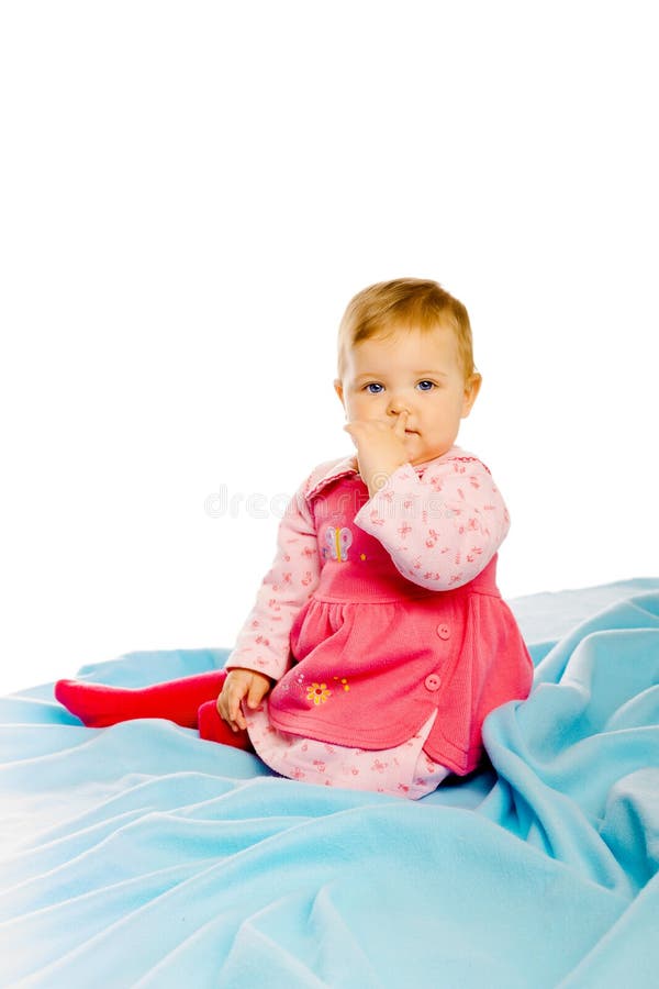 Beautiful Baby Sitting on a Blue Blanket. Studio Stock Photo - Image of ...