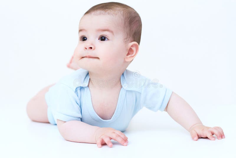 Horizontal Image of Happy Cute Baby Wearing Blue Bodysuit on White Wall ...