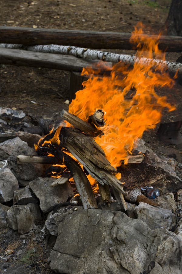 Fire Burning Bright Flame on the Background of Grass and Stones Closeup ...