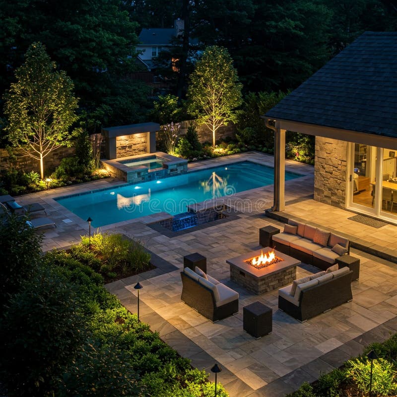 Beautiful Backyard Pool Fire Pit Lighting (Generated with AI) Stock Photo - Image of relaxation ...