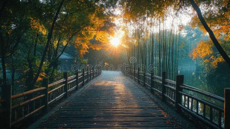 Beautiful Bamboo Bridge in the Park at Sunset Stock Illustration ...