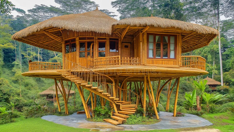 A Beautiful Bamboo House Stands Elevated in a Tropical Jungle Stock ...