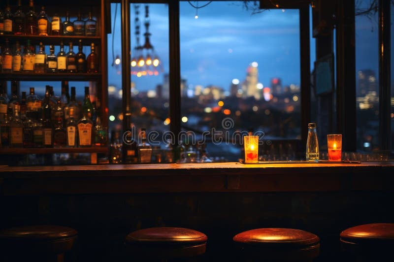 A Beautiful Bar in Dark Light with a Stunning View Stock Illustration ...
